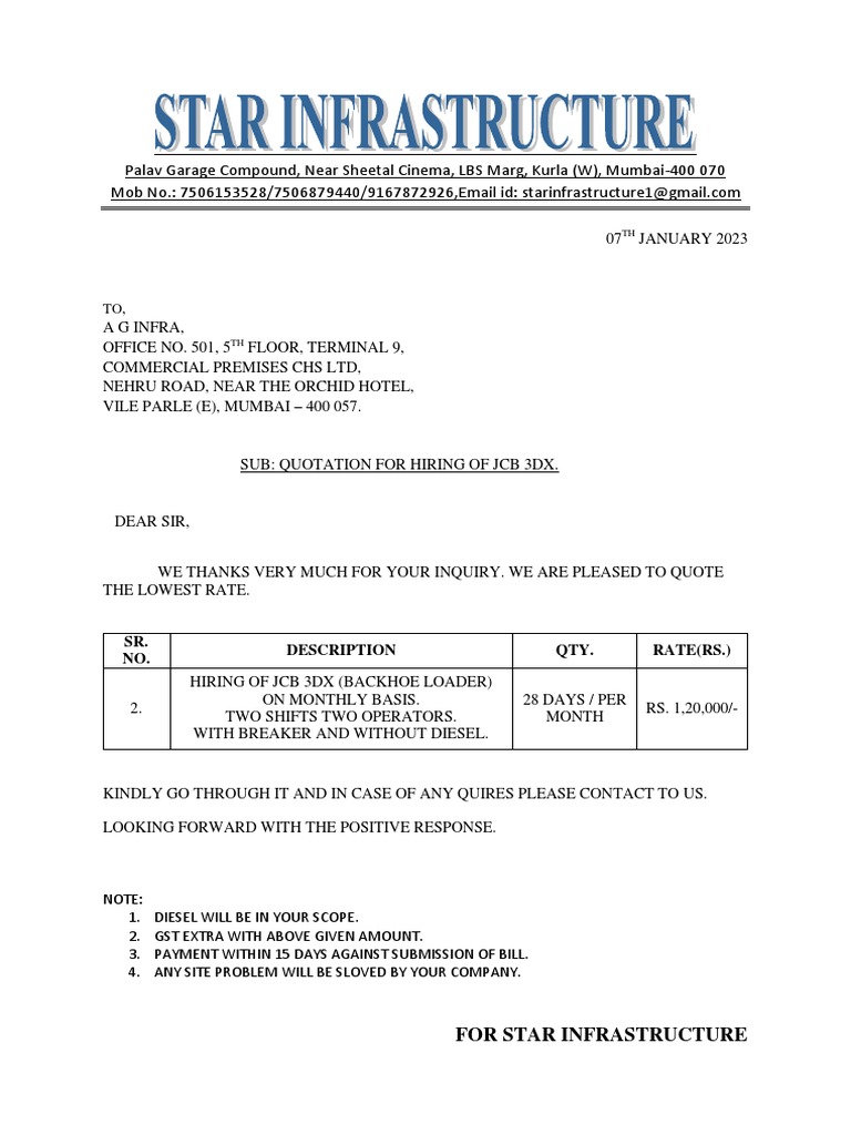 Quotation For Hiring of JCB 3DX - New - Aginfra Metro - 1 | PDF