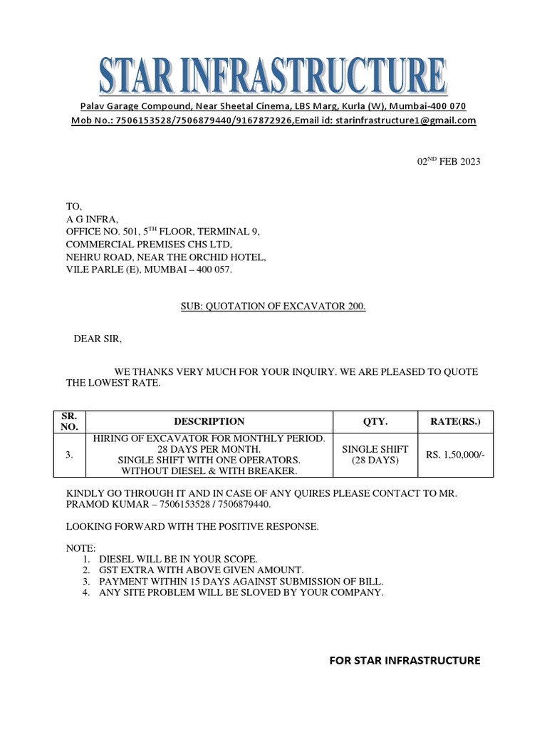 Quotation of Excavator 200 - Single Shift - Aginfra Metro | PDF