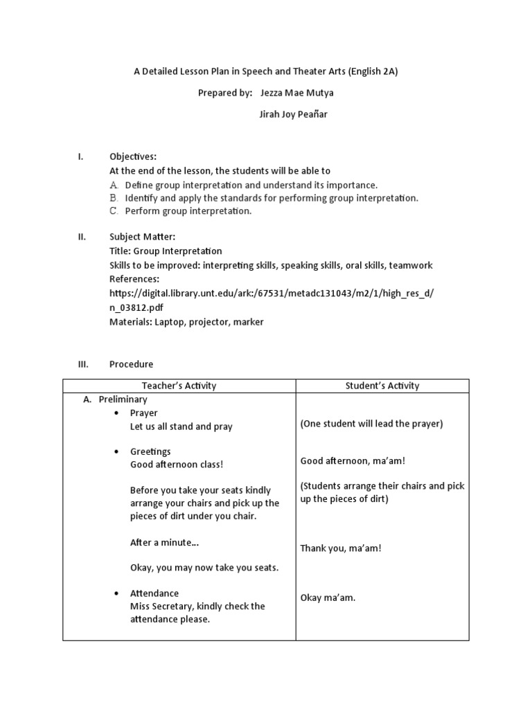 A Detailed Lesson Plan in Speech and Theater Arts | PDF | Pedagogy ...