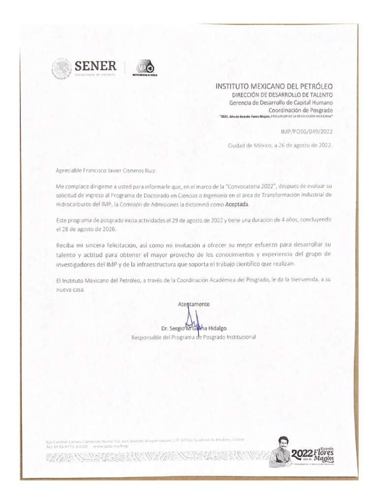 Carta de Aceptacion Al Doctorado | PDF