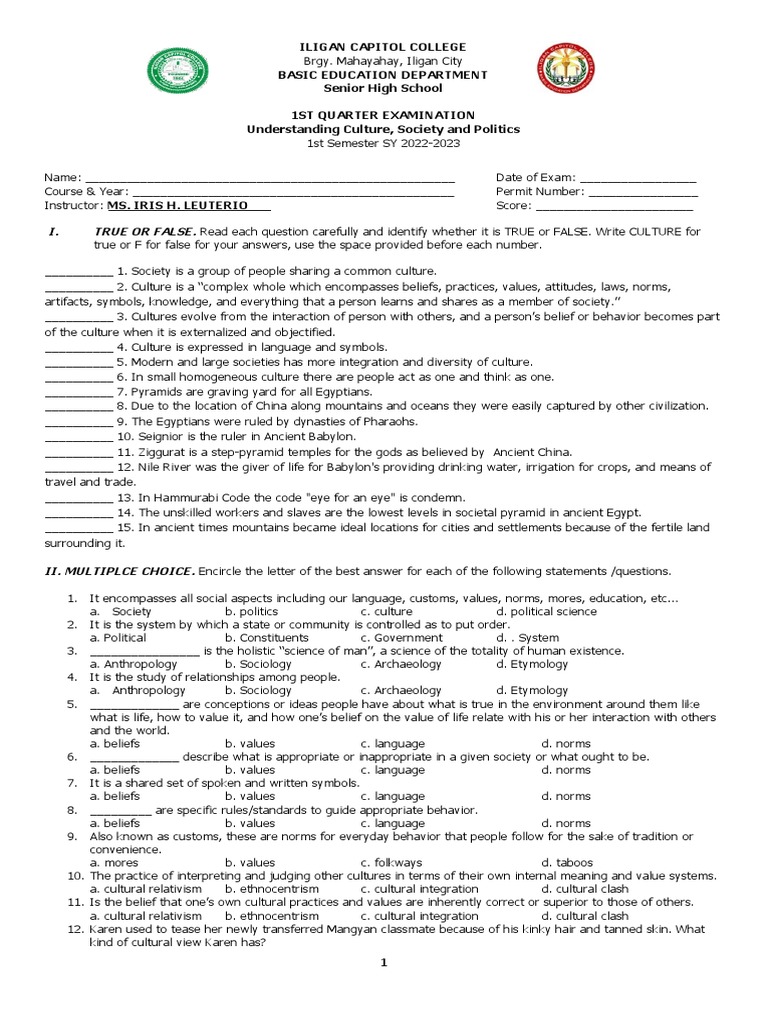 Ucsp 1st Qe Exam | PDF | Cuneiform | Sumer