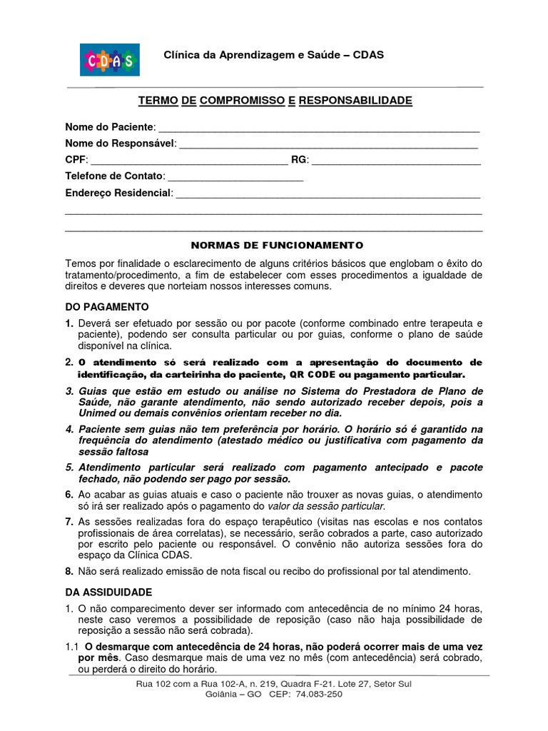Termo de Compromisso e Responsabilidade Paciente | PDF