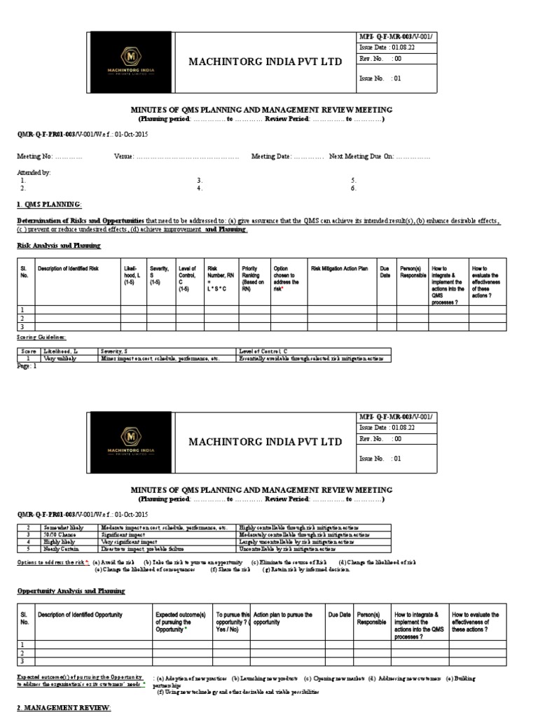 Minutes of QMS Planning and Management Review Meeting | PDF | Risk ...
