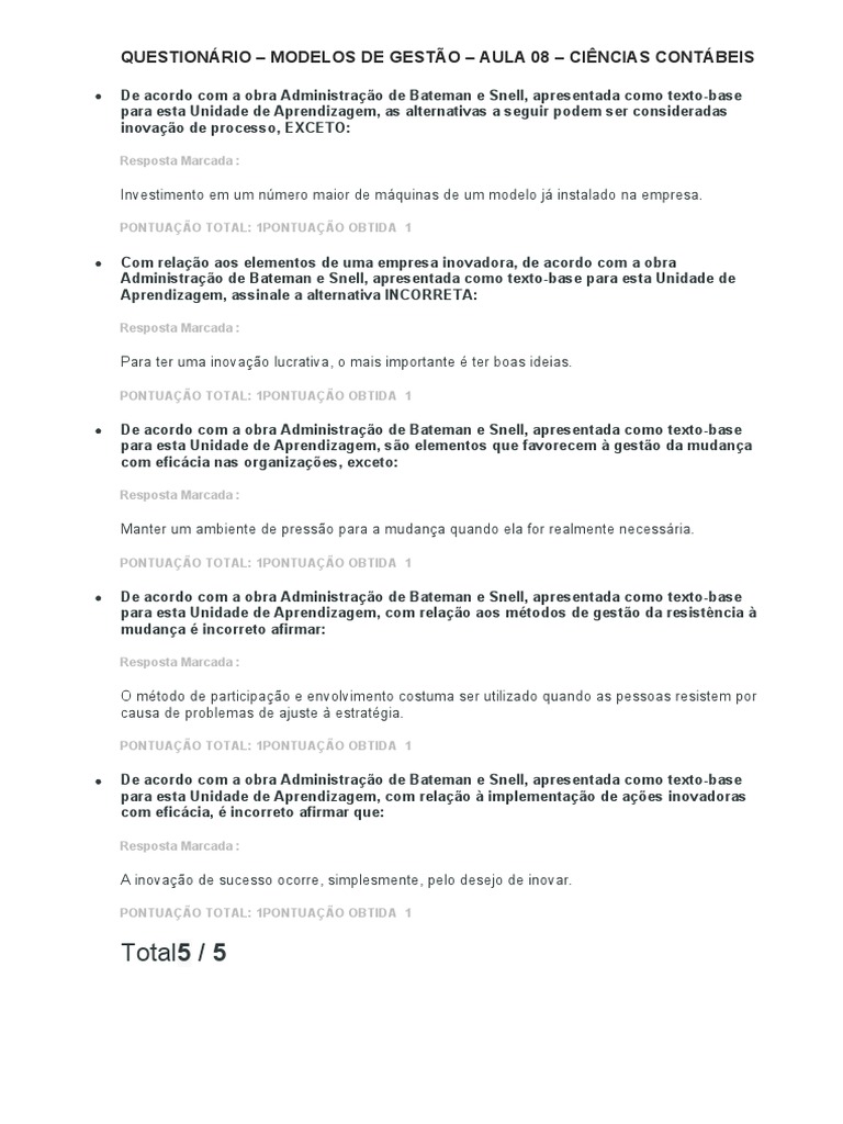 Questionário - Modelos de Gestão - Aula 08 - Ciências Contábeis | PDF