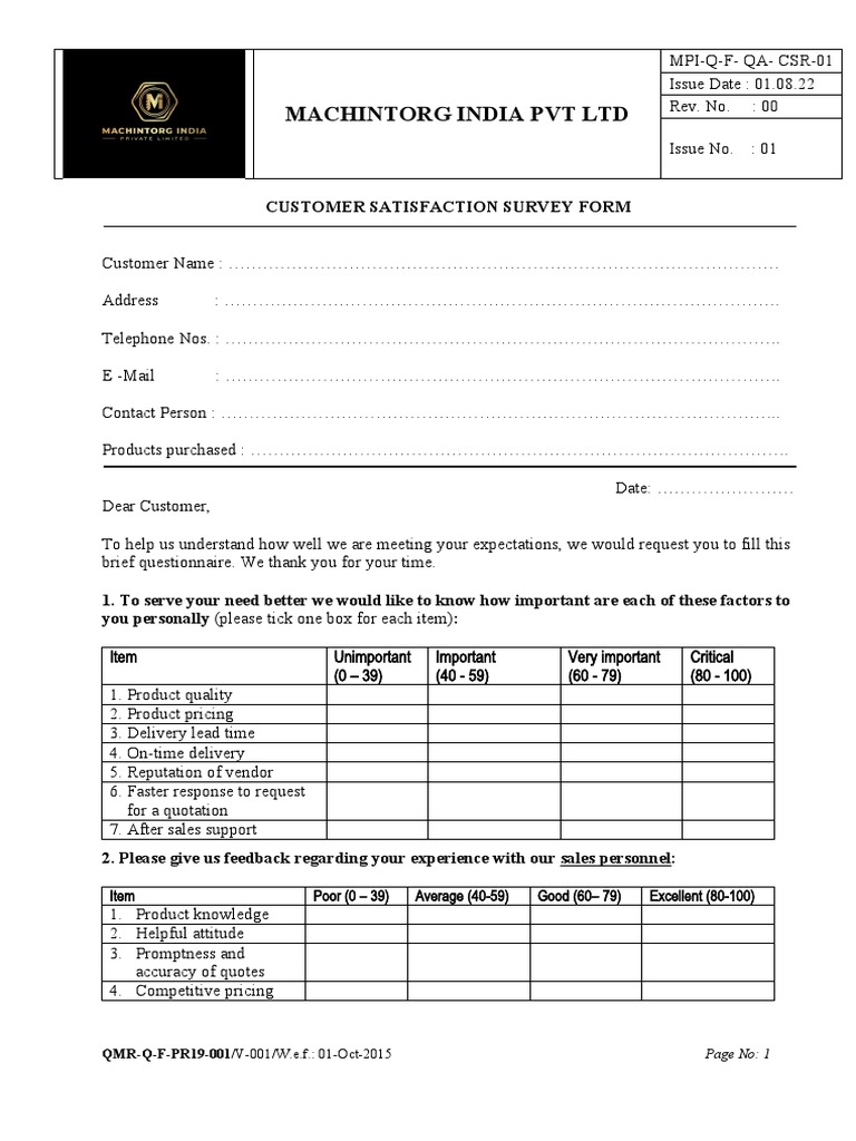 Customer Satisfaction Survey Form | PDF | Business | Economies