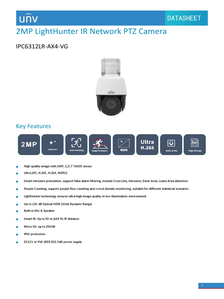 UNV IPC6312LR-AX4-VG 2MP LightHunter IR Network PTZ Camera V1.6-EN | PDF | Camera Lens | Camera