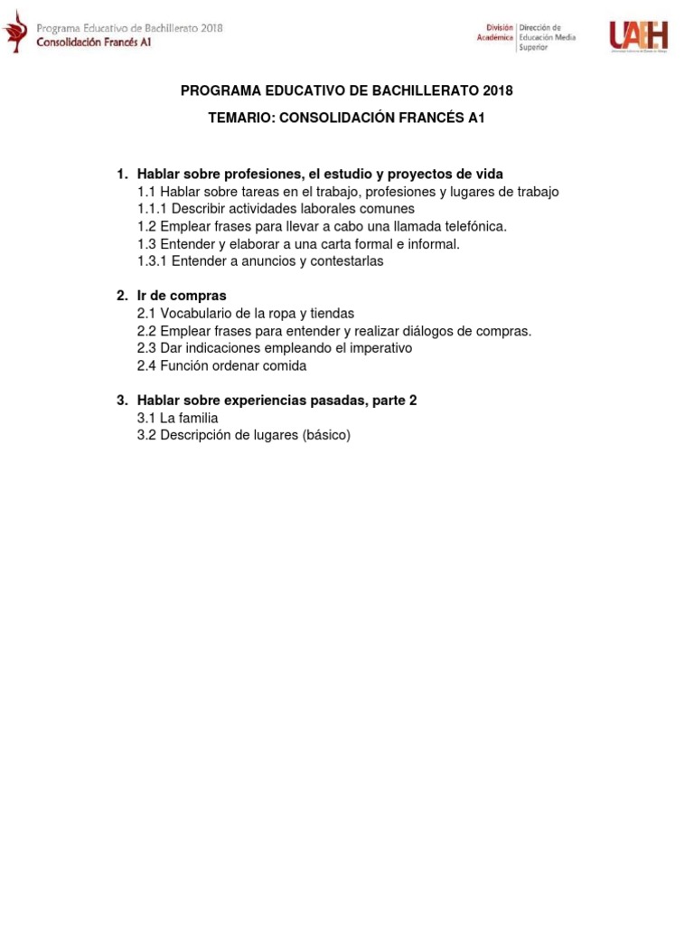 Temario - Consolidacion Frances A1 | PDF
