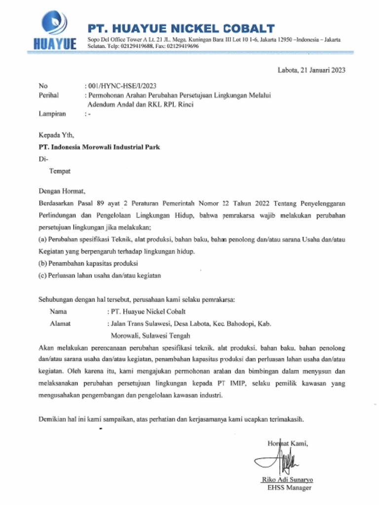 Surat Arahan Adendum Andal Dan RKL-RPL PT Hync | PDF