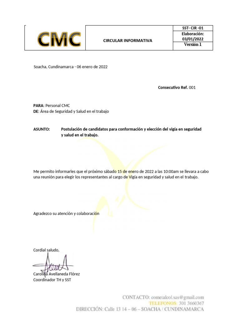 SST-CIR-01 Circular Informativa REF 001 Conformacion Vigia SST | PDF