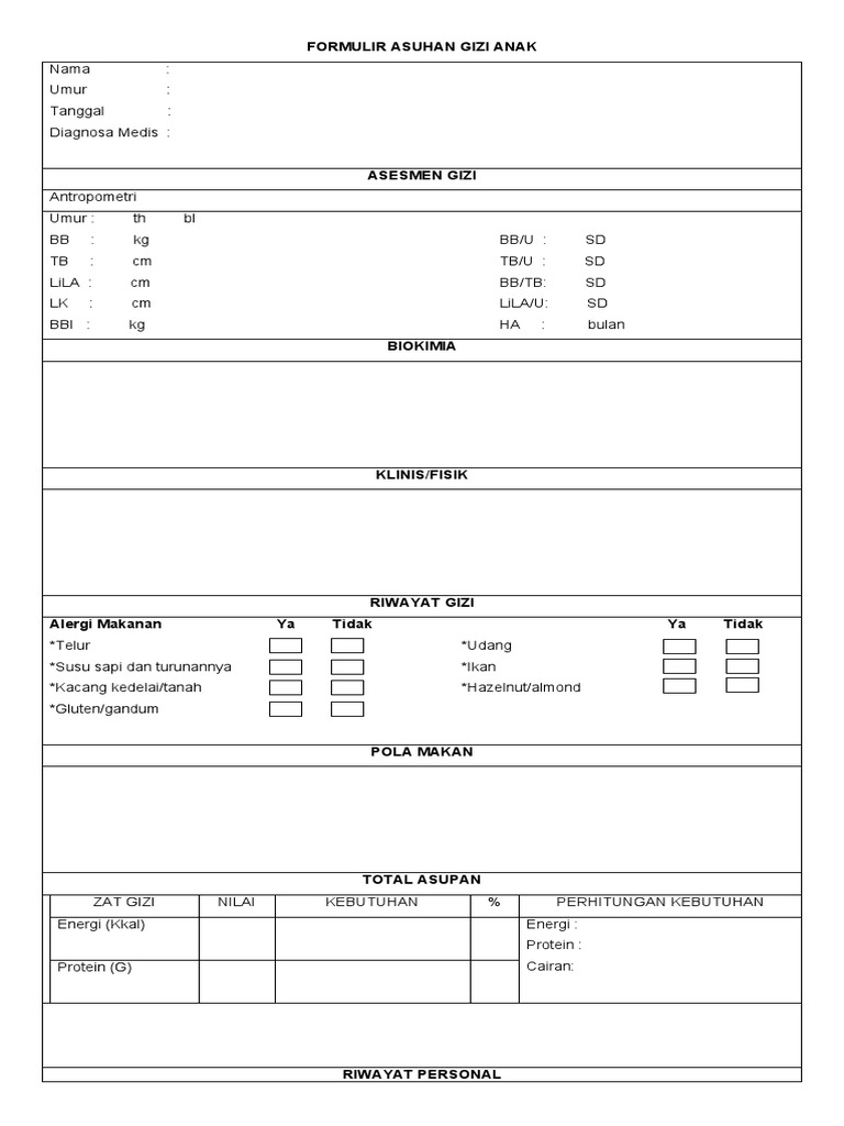 Formulir Asuhan Gizi Anak | PDF