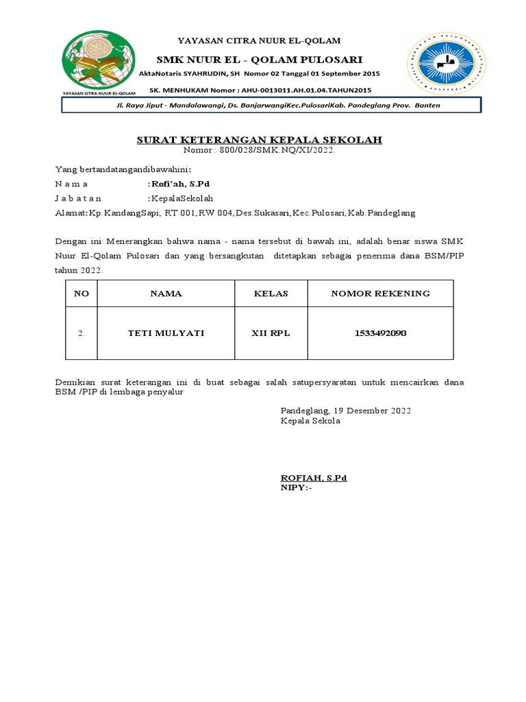 SURAT KETERANGAN KEPALA SEKOLAH Kolektif KIP 2022 | PDF