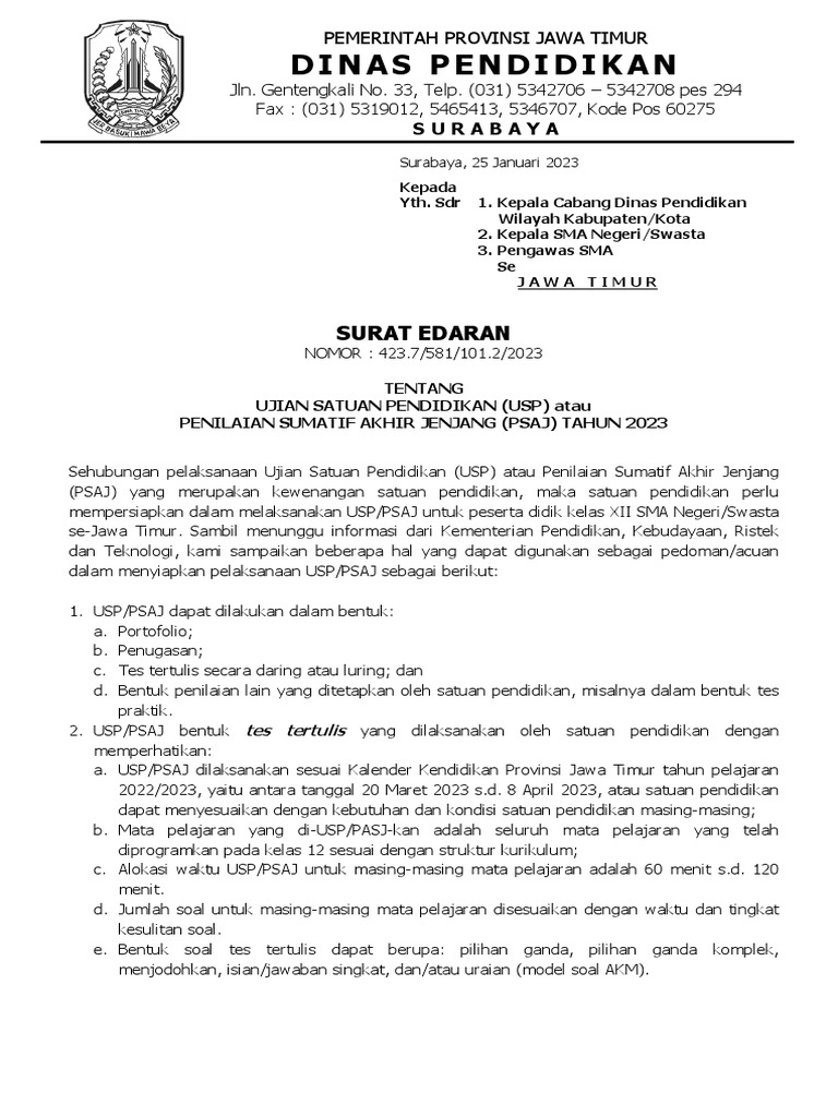 Surat Edaran Usp Psaj 2023 | PDF