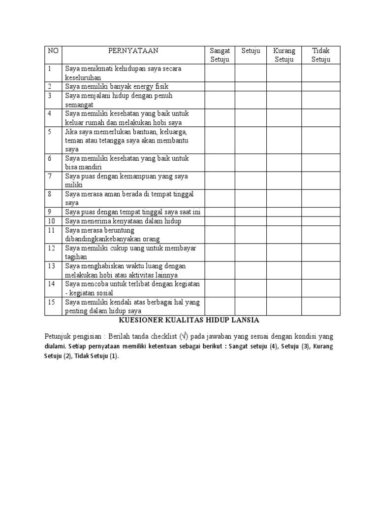 Kuesioner Kualitas Hidup Lansia Ozan | PDF