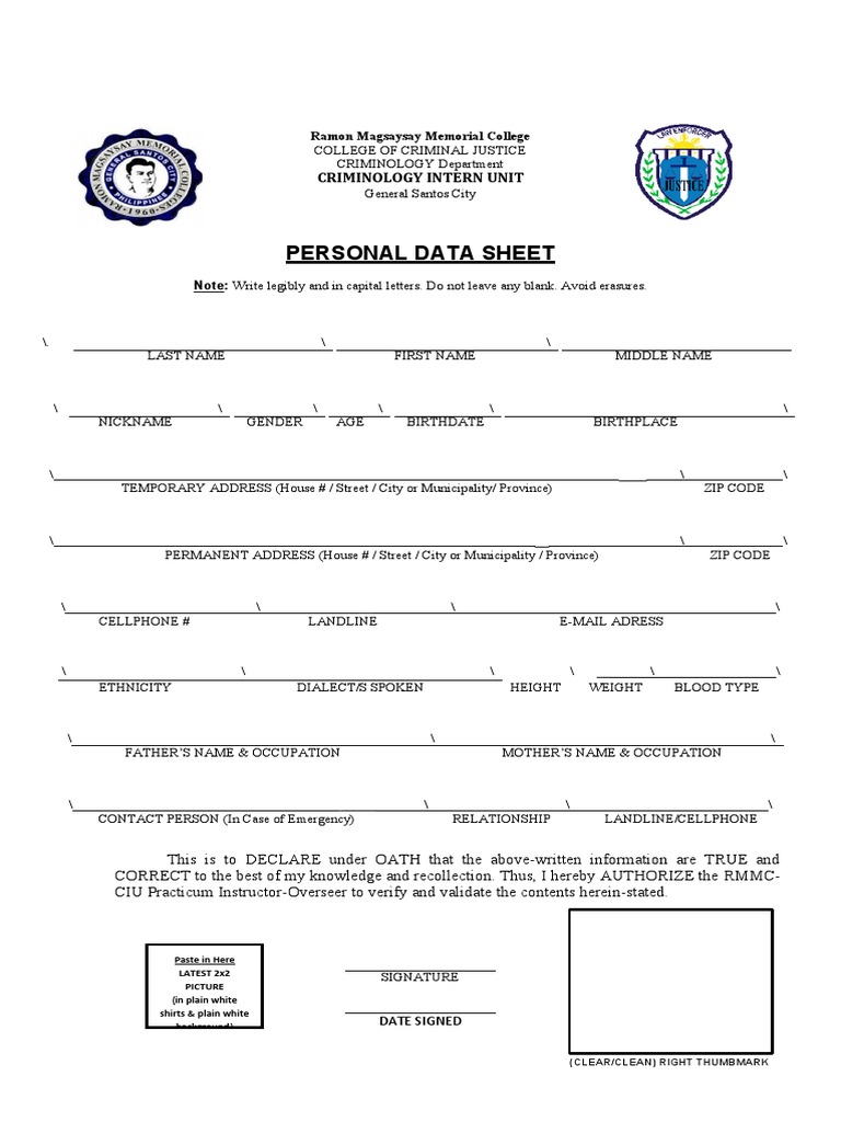 Personal Data Sheet for Criminology Internship | PDF