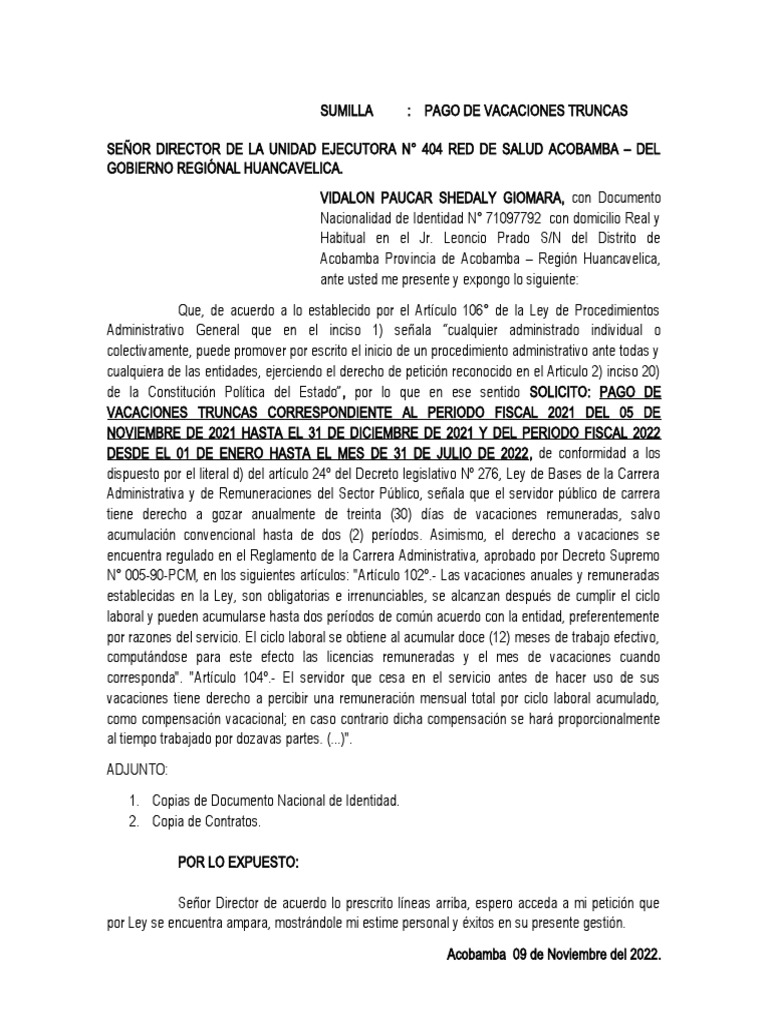 Modelo de Solicitud de Vacaciones Truncas | PDF | Gobierno | Justicia Modelo de Solicitud de Vacaciones Truncas | PDF | Gobierno | Justicia