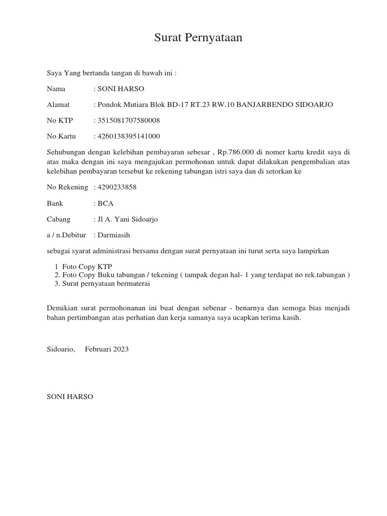 Surat Pernyataan Soni Harso New | PDF | Pengelolaan Keuangan & Uang ...