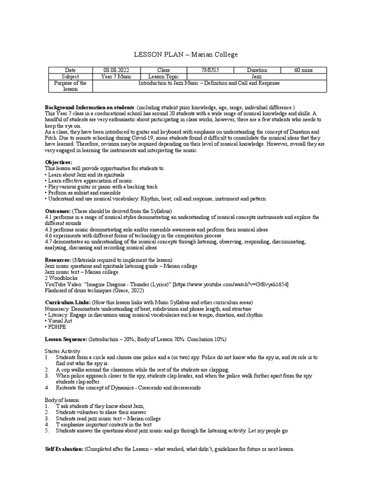 Year 7 Jazz Music Lesson Plan | PDF | Jazz | Lesson Plan