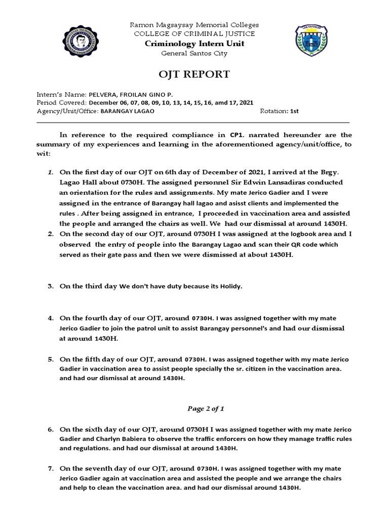 OJT Report 1 | PDF | Law Enforcement | Crime & Violence