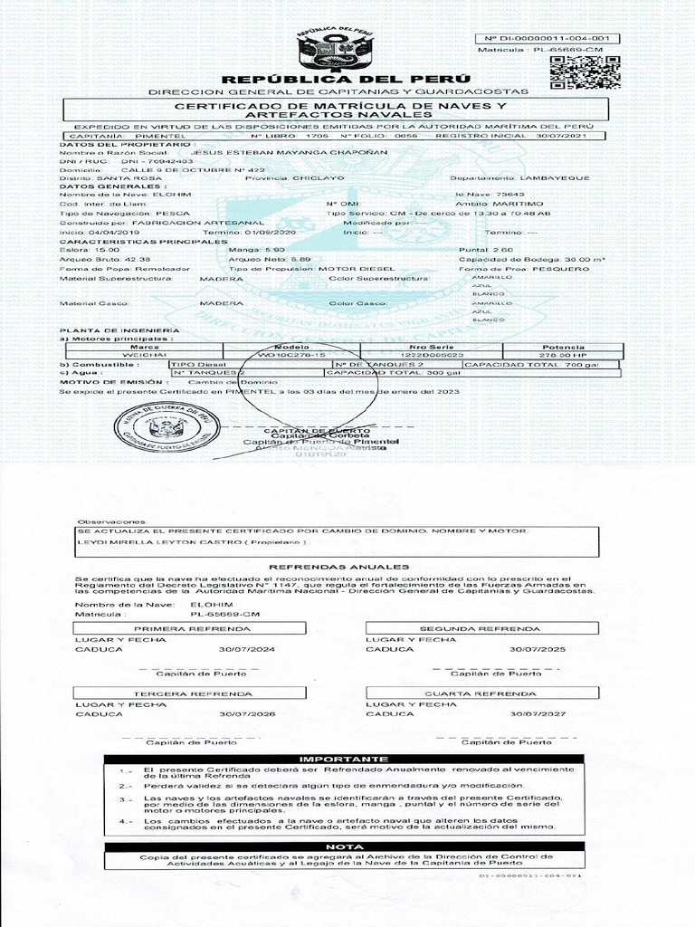 1.certificado - Matricula de Naves y Artefactos Navales | PDF