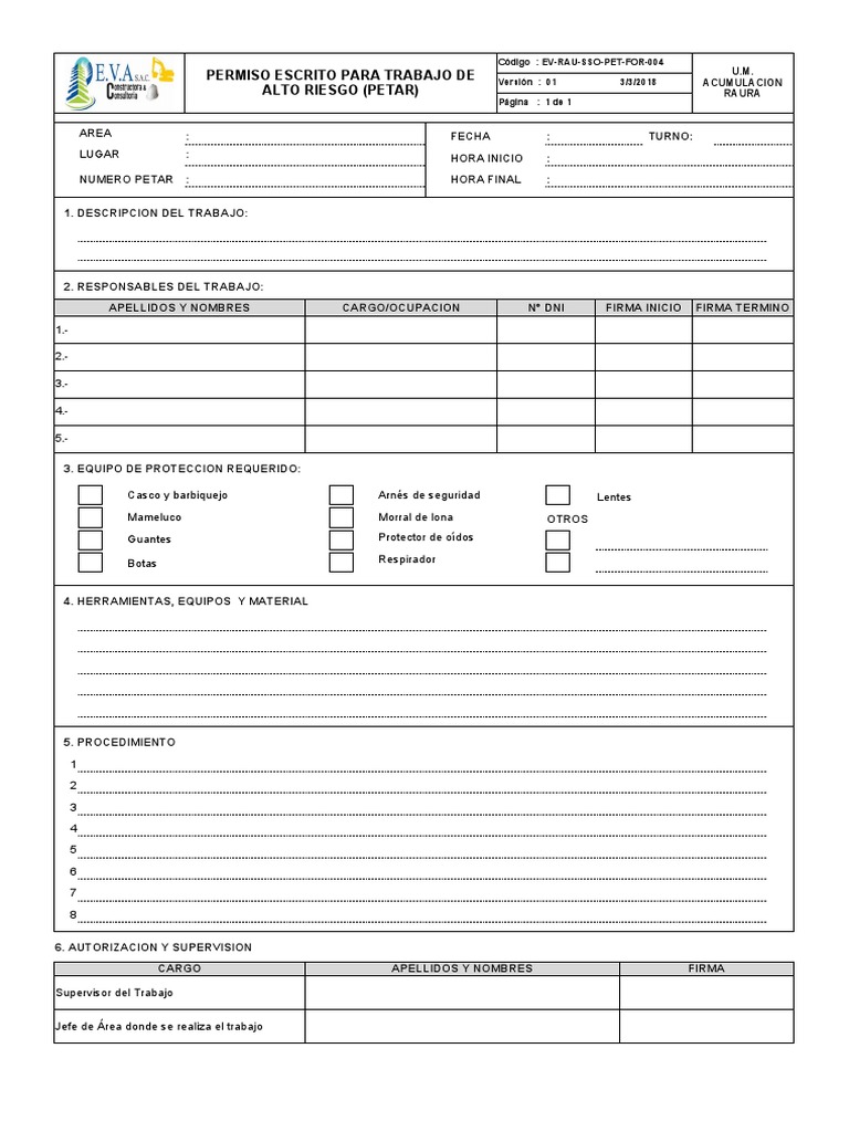Formulario de permiso escrito para trabajo de alto riesgo | PDF