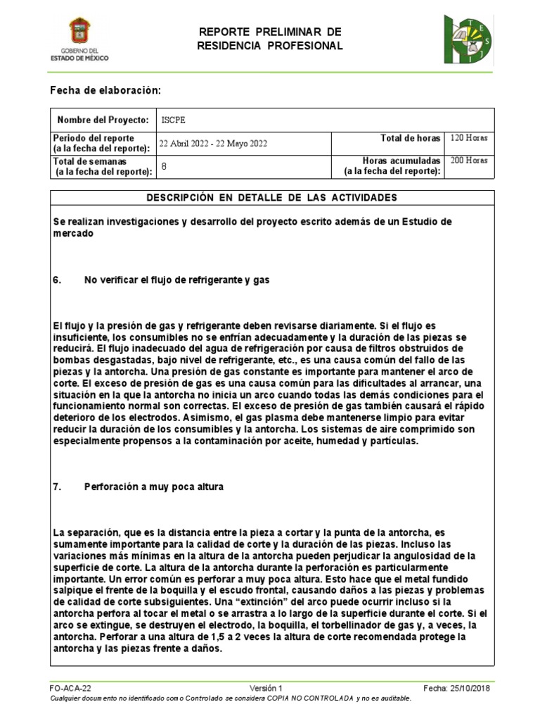 FO-ACA-22 Reporte Preliminar de Residencia Profesional Ver 1 | PDF | Gases | Ciencias fisicas