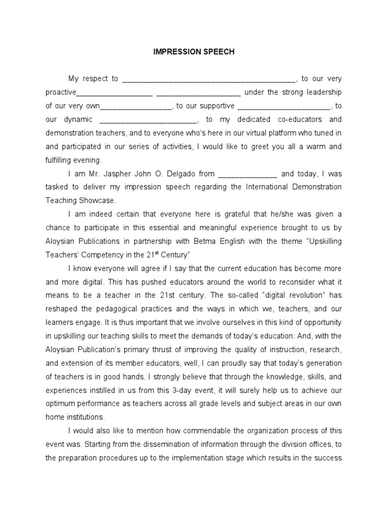 Impression Speech | PDF | Teachers | Cognitive Science