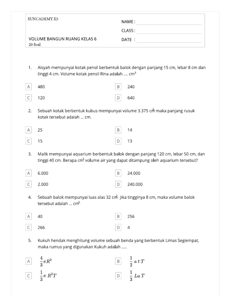 6-2023-VOLUME BANGUN RUANG KELAS 6-Soal Latihan Kelas 6-Max-Soal | PDF