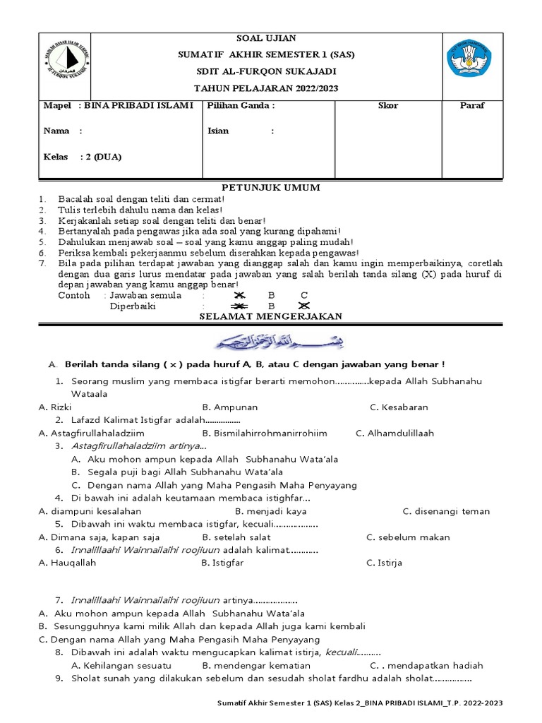 Soal SAS BPI Kls 2 | PDF