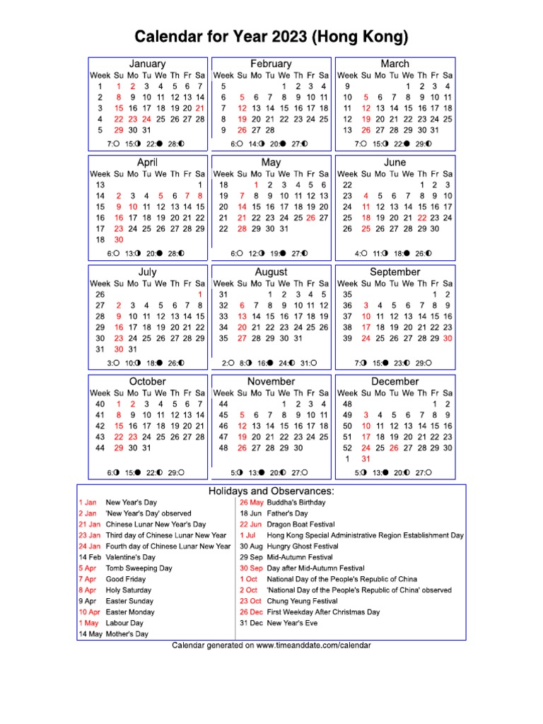 Year 2023 Calendar - Hong Kong | PDF