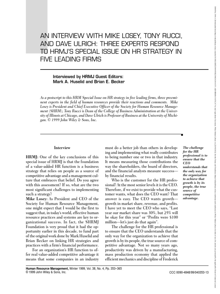 Human Resource Management - 1999 - Huselid - An Interview With Mike ...