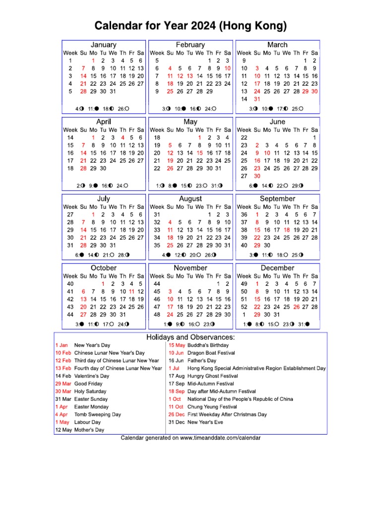 Year 2024 Calendar - Hong Kong | PDF