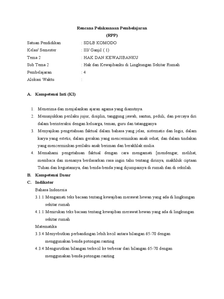 RPP Kls 3 Tema 2 Subtma 2 Pemb 4 | PDF