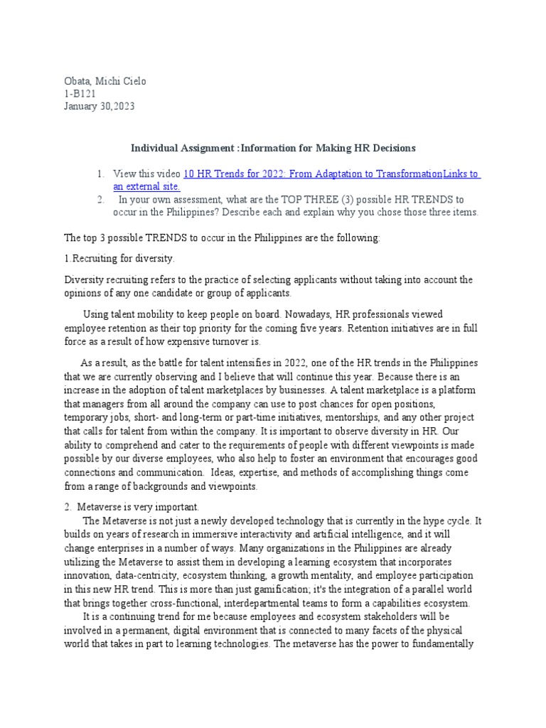 Obata - Michi Assignment #2 in HUMRES | PDF | Empathy | Employee Retention