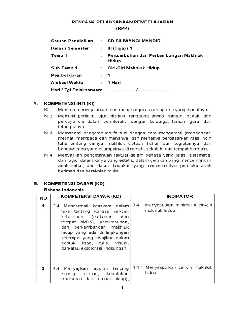 RPP K3 TEMA 1 ST 1 Kelas 3 | PDF