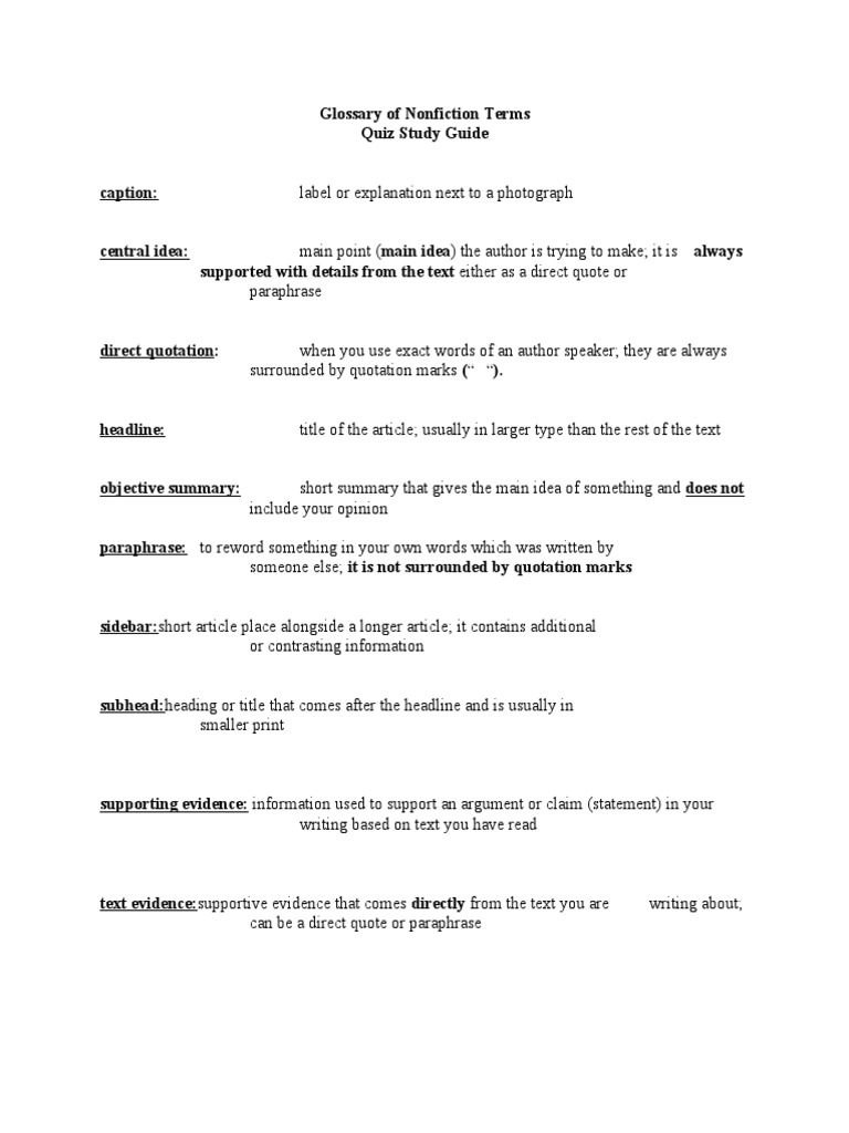 Glossary of Nonfiction Terms Study Guide | PDF | Career & Growth ...