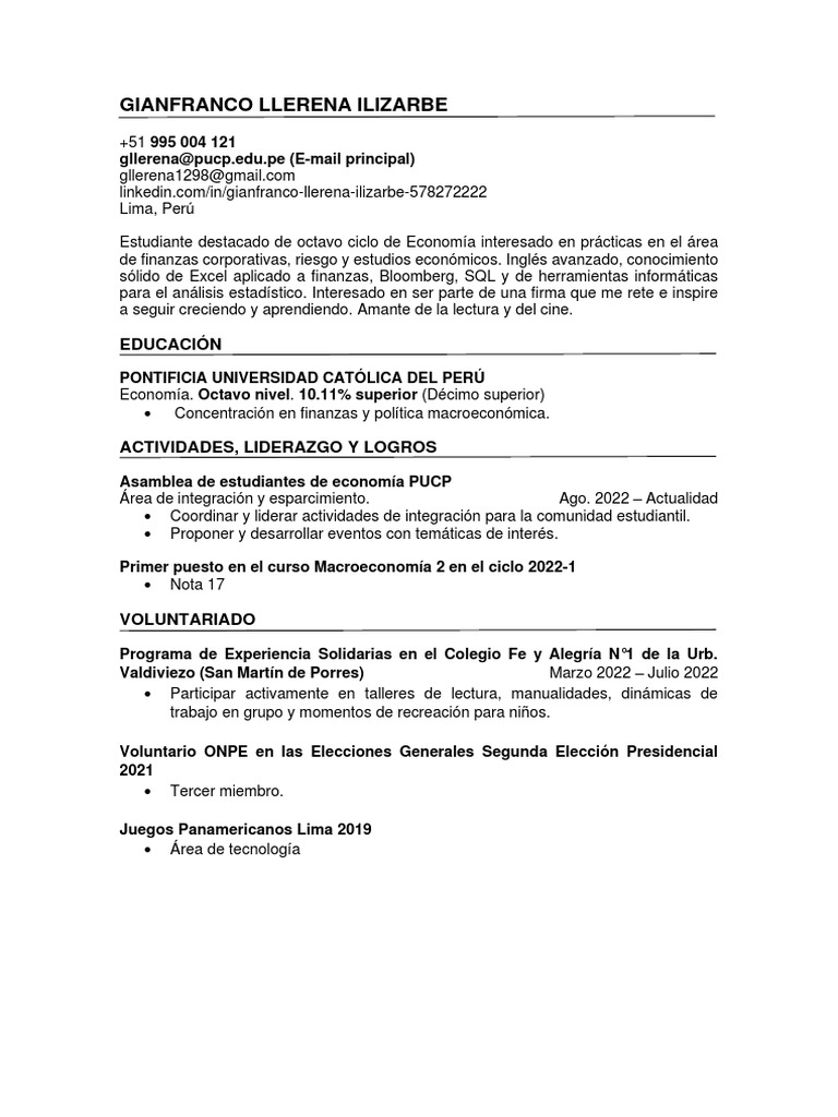 Gianfranco Llerena CV | PDF