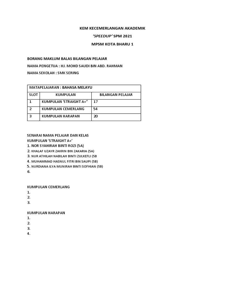 B.I BORANG MAKLUM BALAS BIL DAN NAMA MURID | PDF