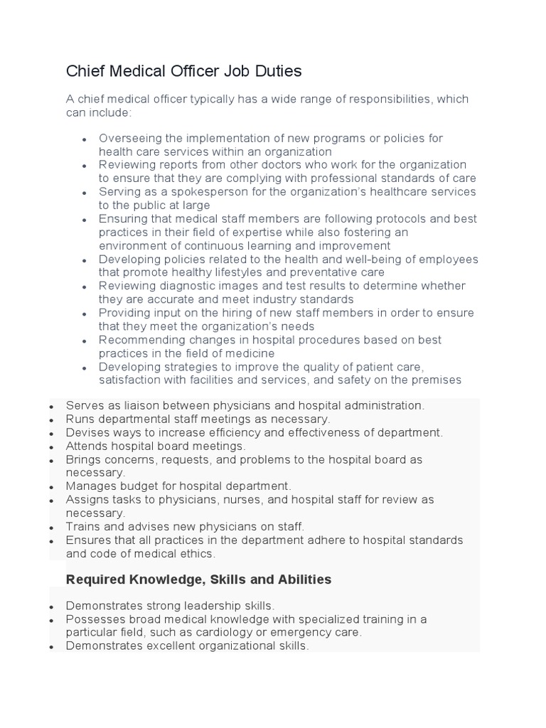 Chief Medical Officer Job Duties: Required Knowledge, Skills and ...