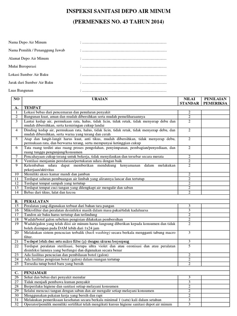 Form INSPEKSI SANITASI DEPO AIR MINUM | PDF