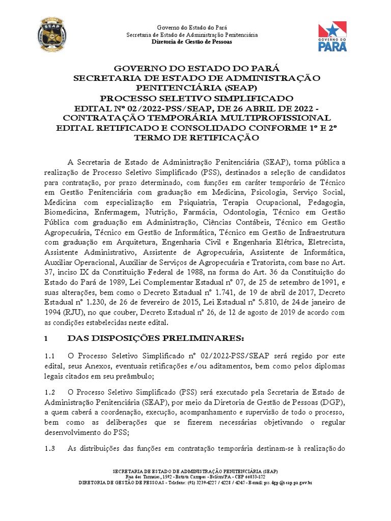 Edital Retificado e Consolidado 2 TR Edital 02 2022 Pss Seap Multiprofissional 1651758145 | PDF ...