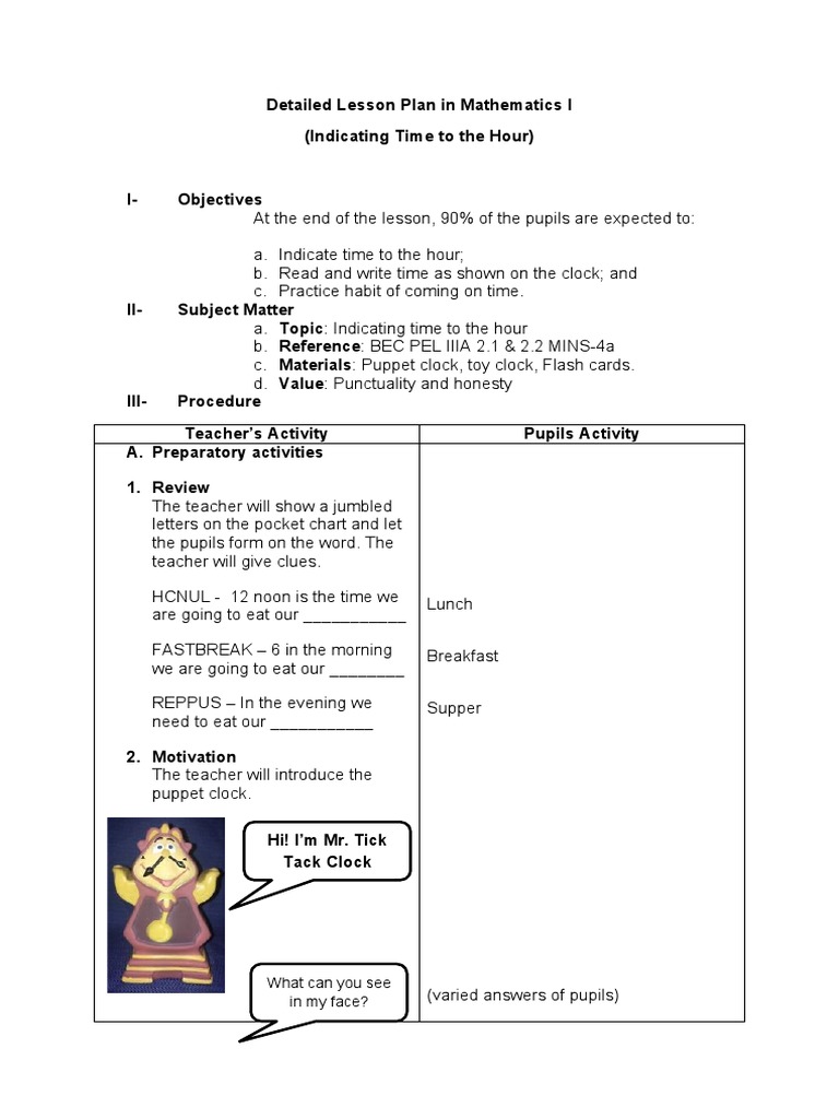 Grade 2 Math Lesson: Telling Time | PDF | Behavior Modification | Learning