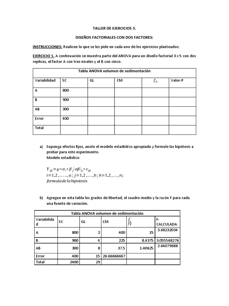 Taller de Ejercicios 3. | PDF | Análisis de variación | Valor P
