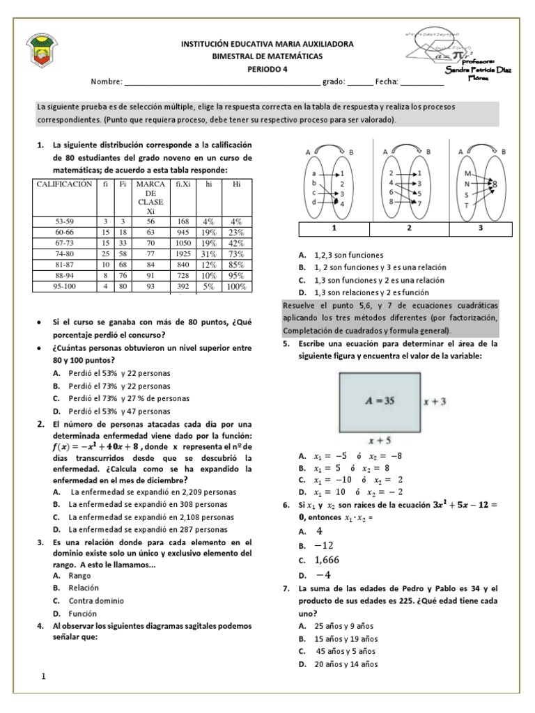 Prueba de Matemáticas Periodo 4 Noveno Tipoa | PDF | Matemáticas