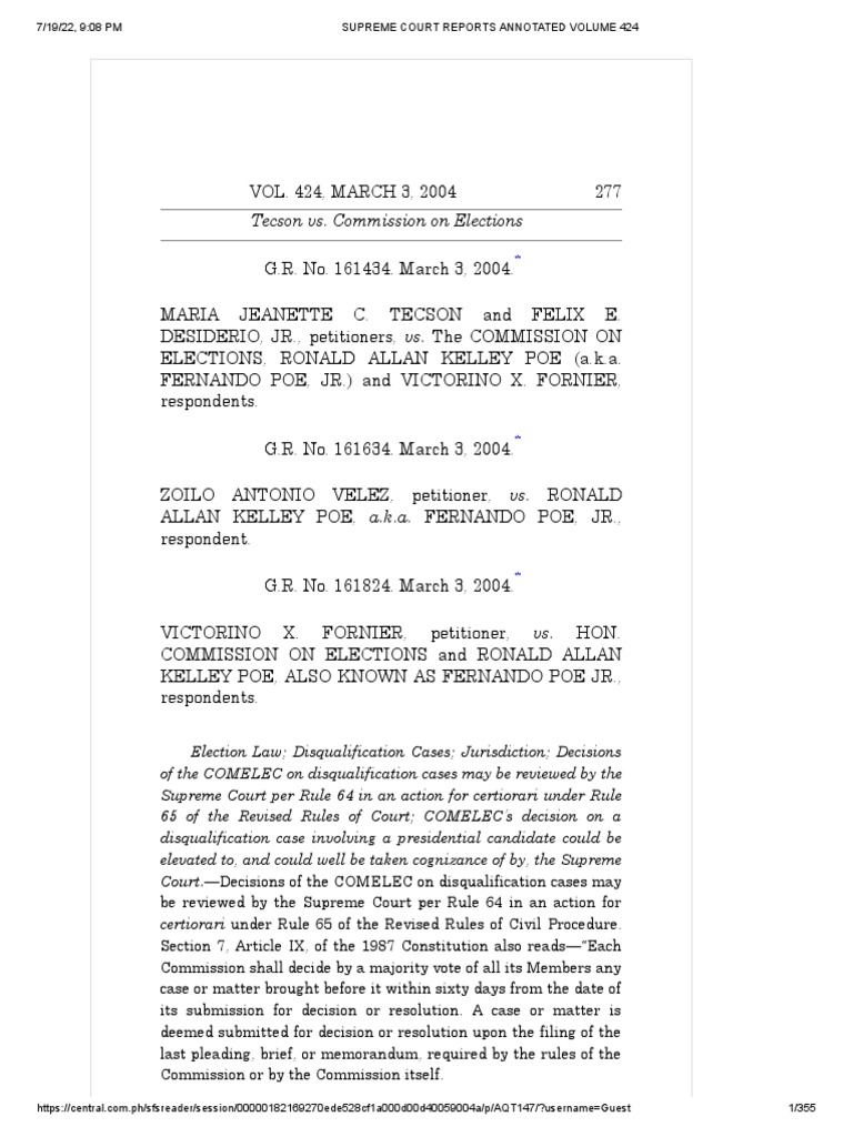 Tecson v. Comelec, 423 SCRA 277 | PDF | Citizenship | Legitimacy ...