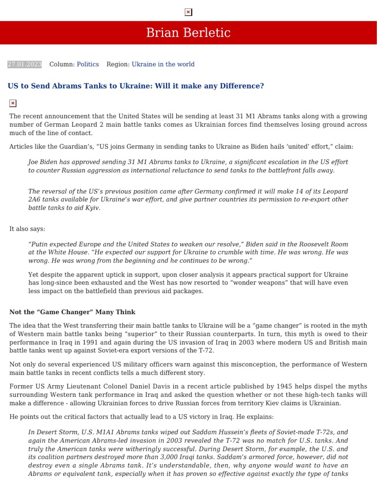Us To Send Abrams Tanks To Ukraine Will It Make Any Difference | PDF ...