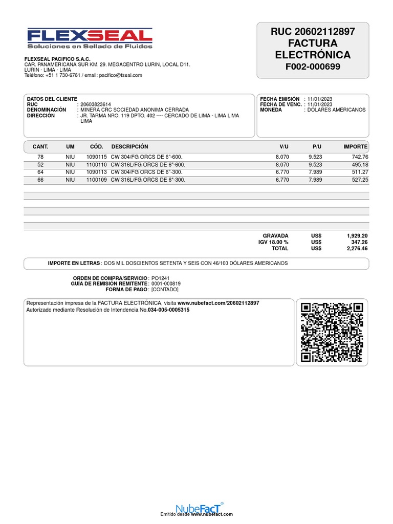 Mcrc. - Fact - F002-000699 - Flexseal Pacifico S.ac. | PDF