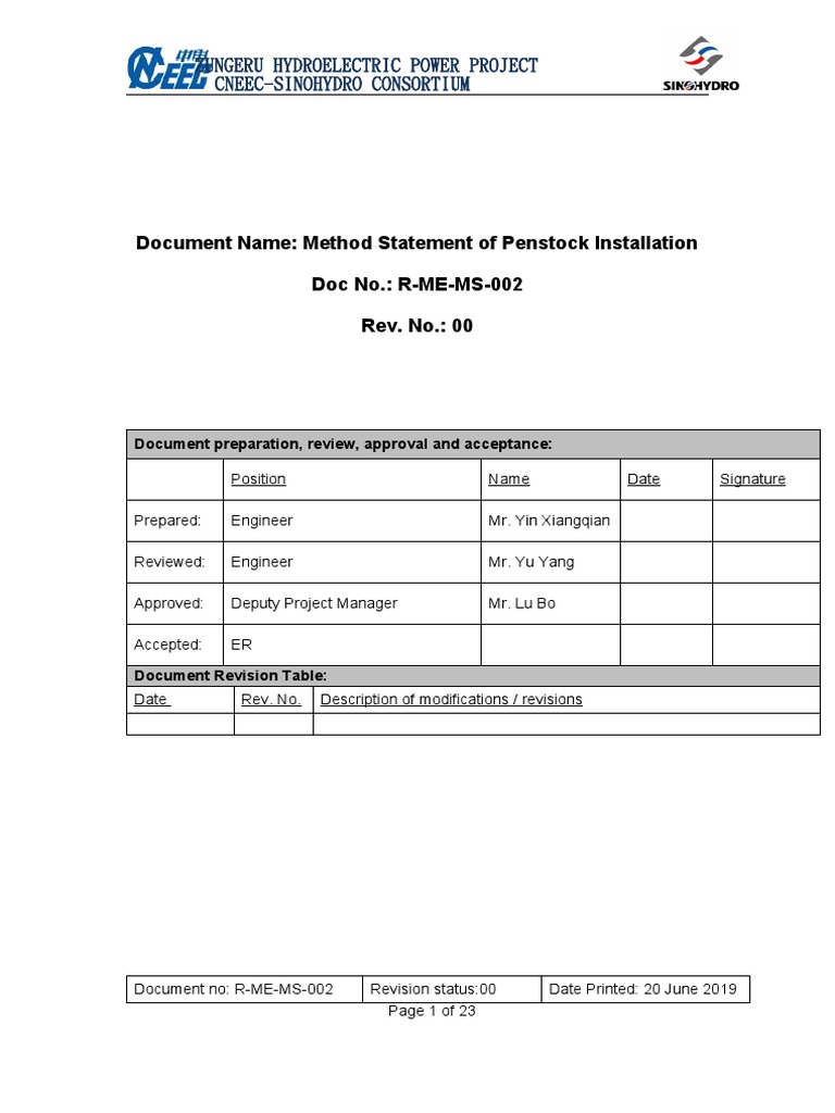 Penstock Installation Method Statement | PDF | Welding | Construction