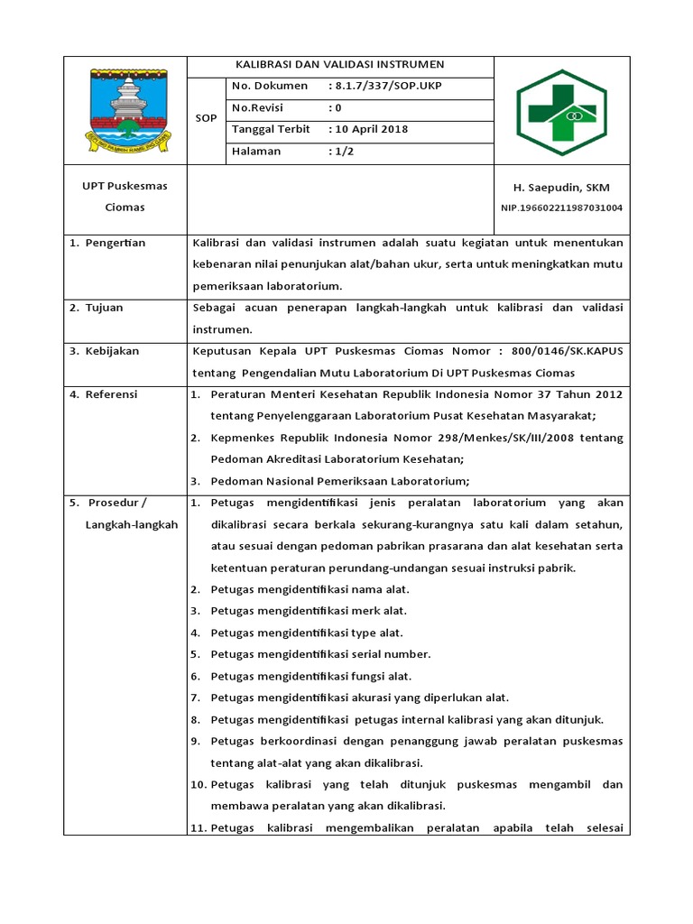 8.1.7.2 SOP Kalibrasi Dan Validasi Instrumen | PDF