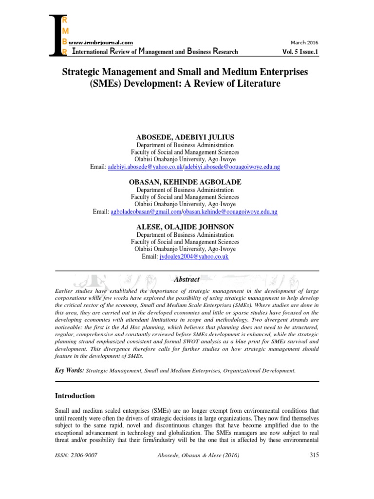 Strategic Management and Small and Medium Enterprises | Download Free PDF | Strategic Management ...