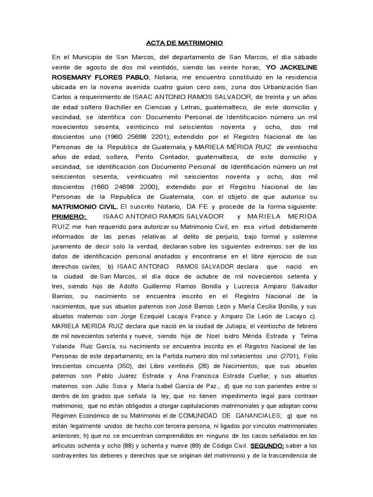 ACTA DE MATRIMONIO Editable | PDF | Matrimonio | Guatemala
